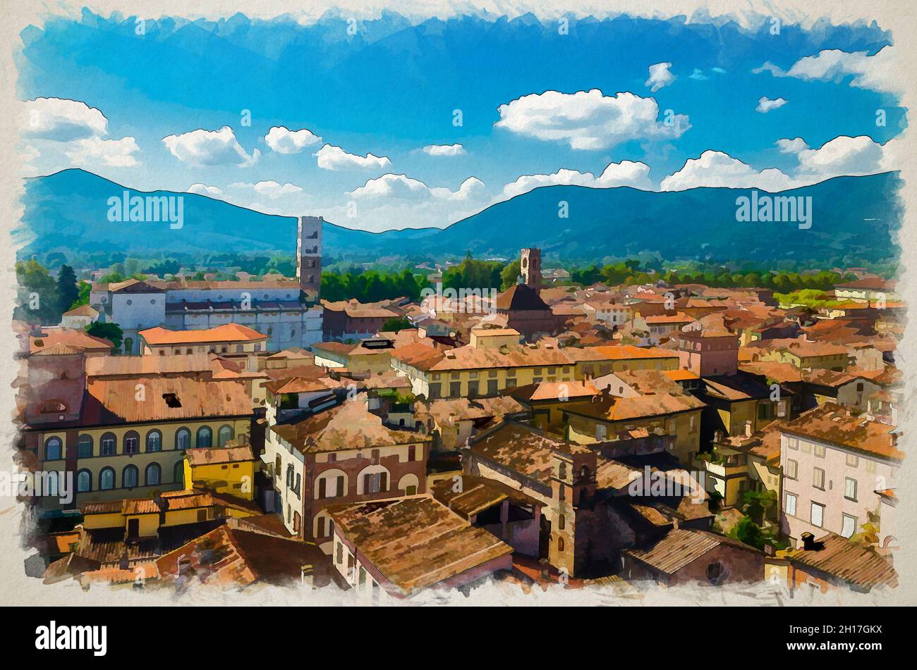 Watercolor drawing of Aerial top panoramic view of historical centre ...