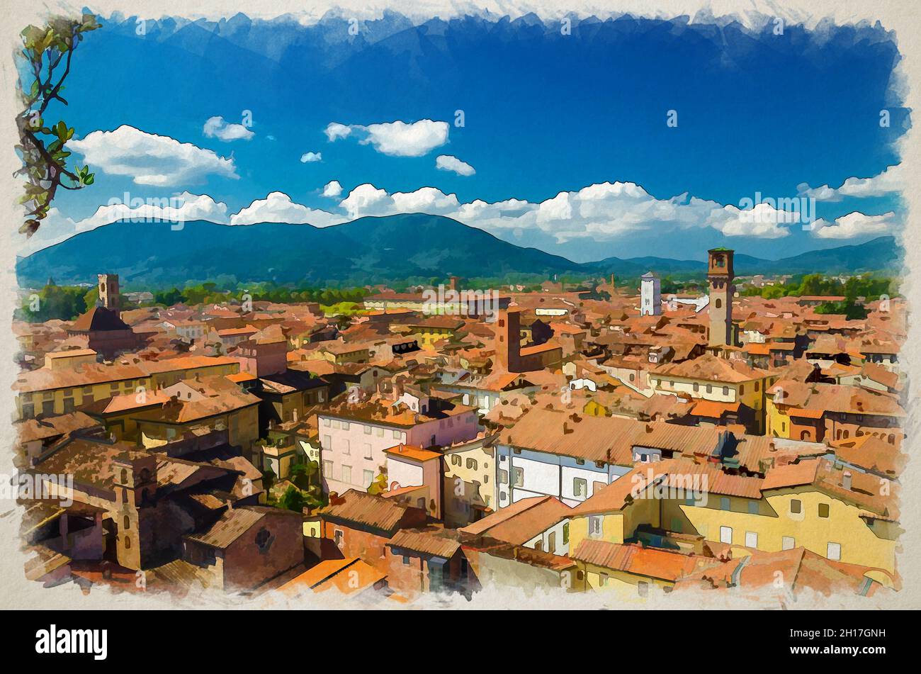 Watercolor drawing of Aerial top panoramic view of historical centre ...