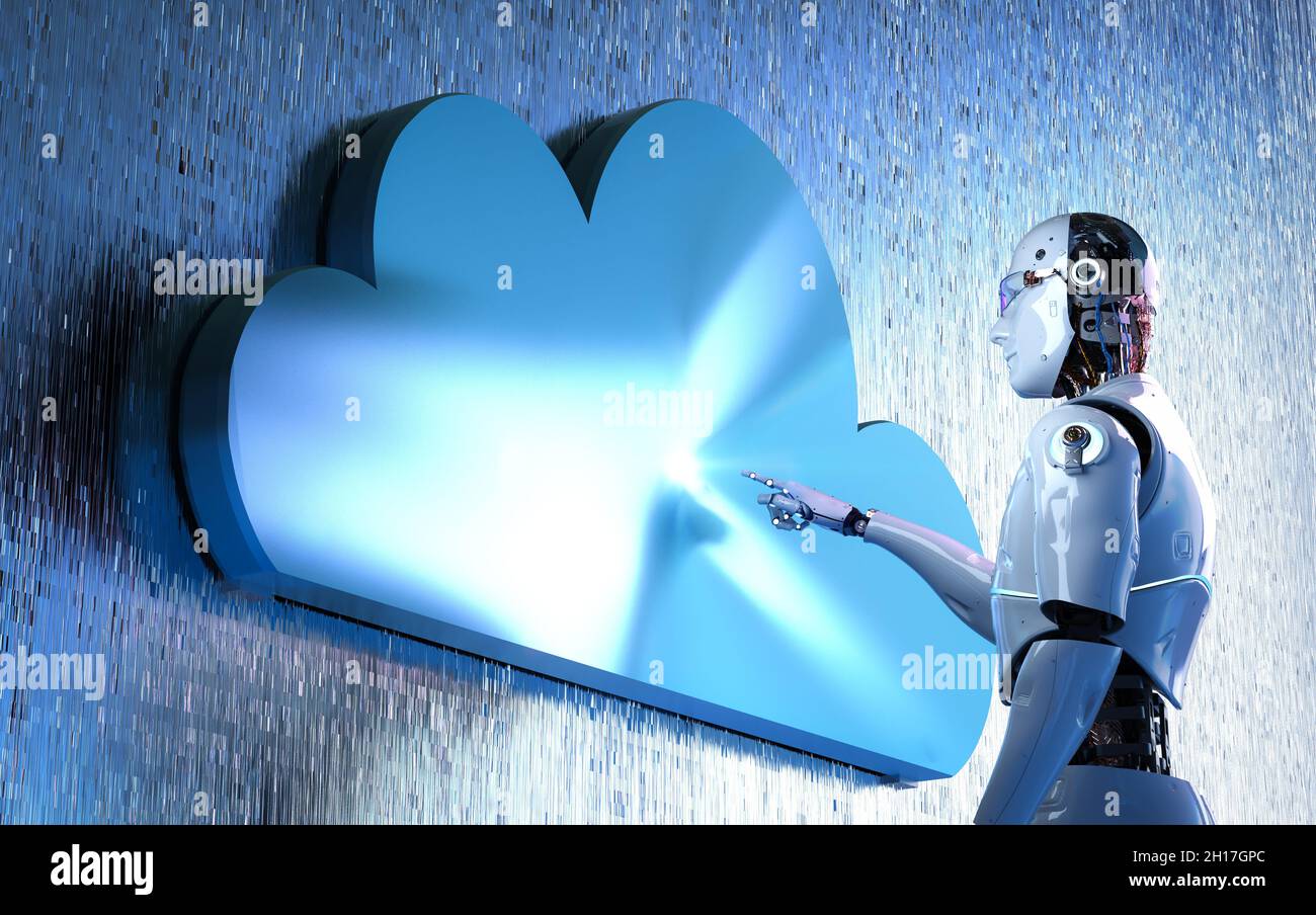 Automatic cloud storage technology with 3d rendering robot work with ...