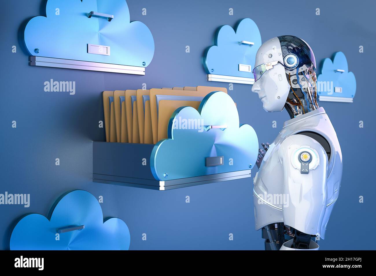 Automatic cloud storage technology with 3d rendering robot work with ...