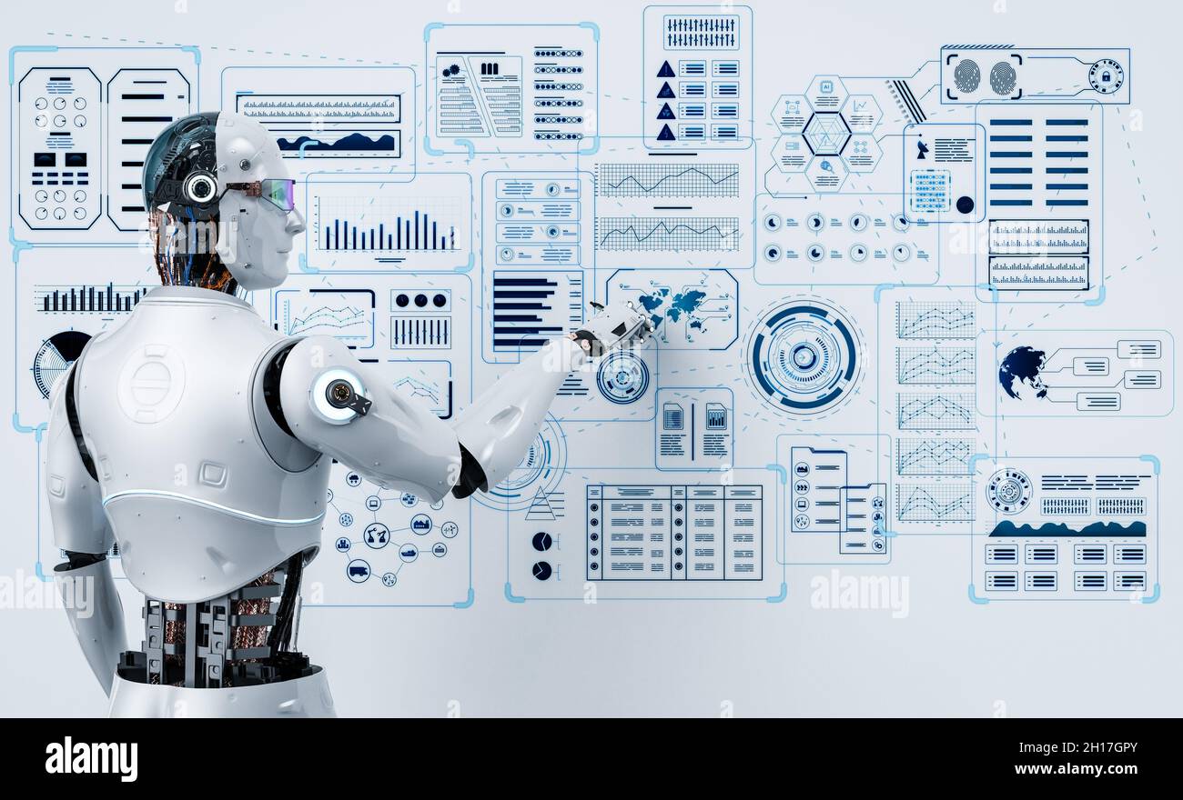 Machine learning concept 3d rendering ai robot with graphic hud ...