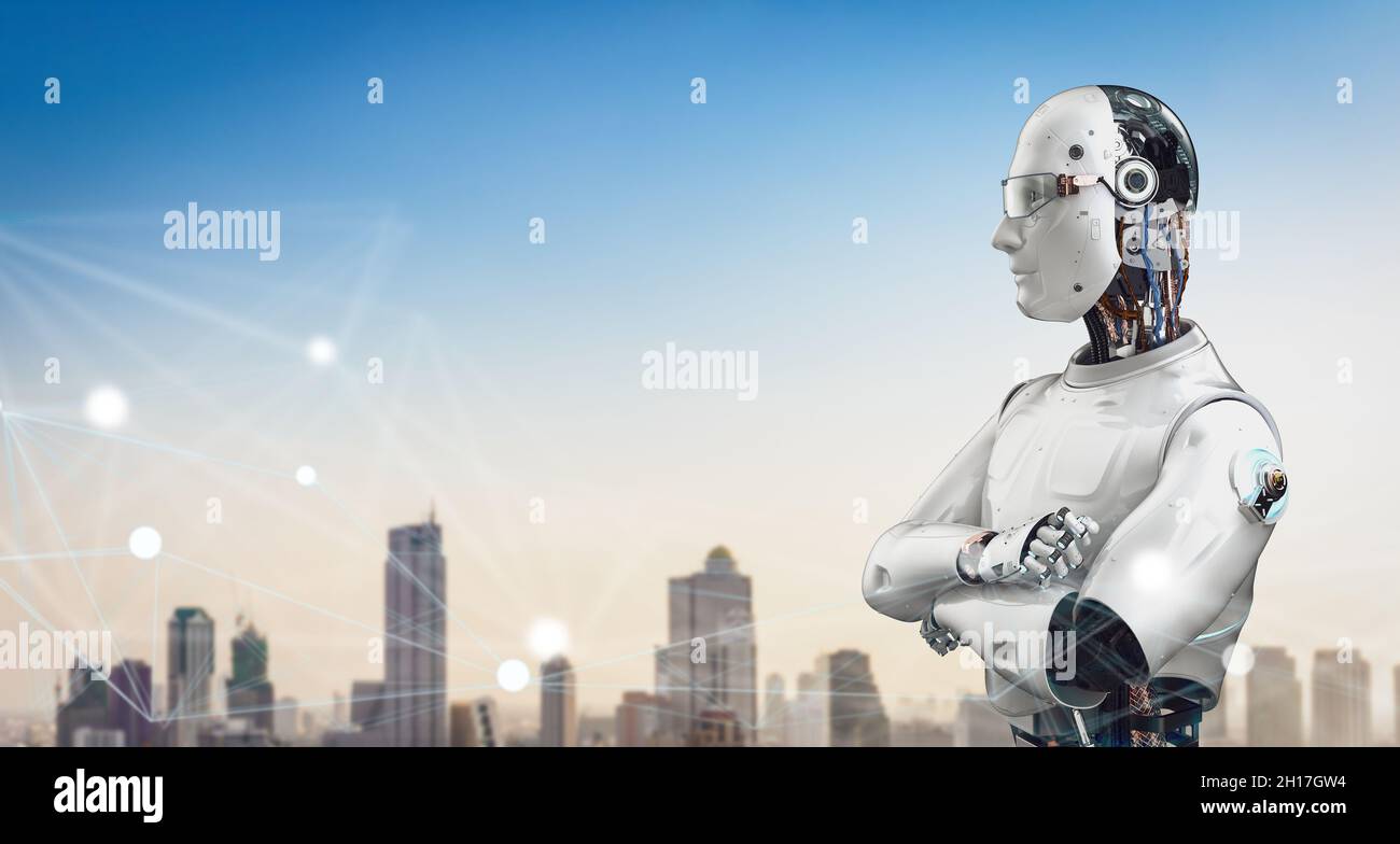 Smart city with 3d rendering ai robot with cityscape background Stock ...