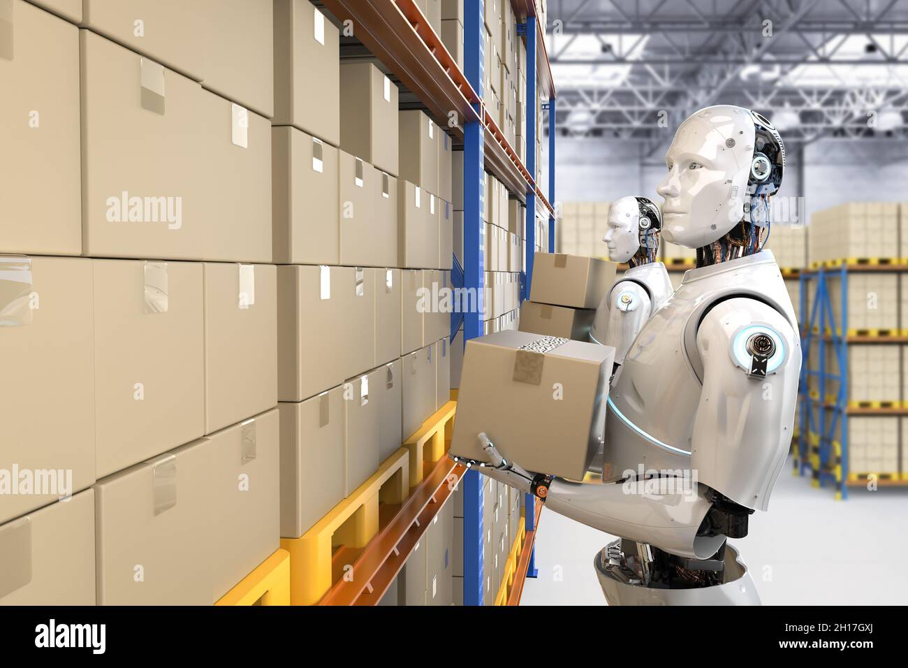 Automatic warehouse concept with 3d rendering automation robot work in ...