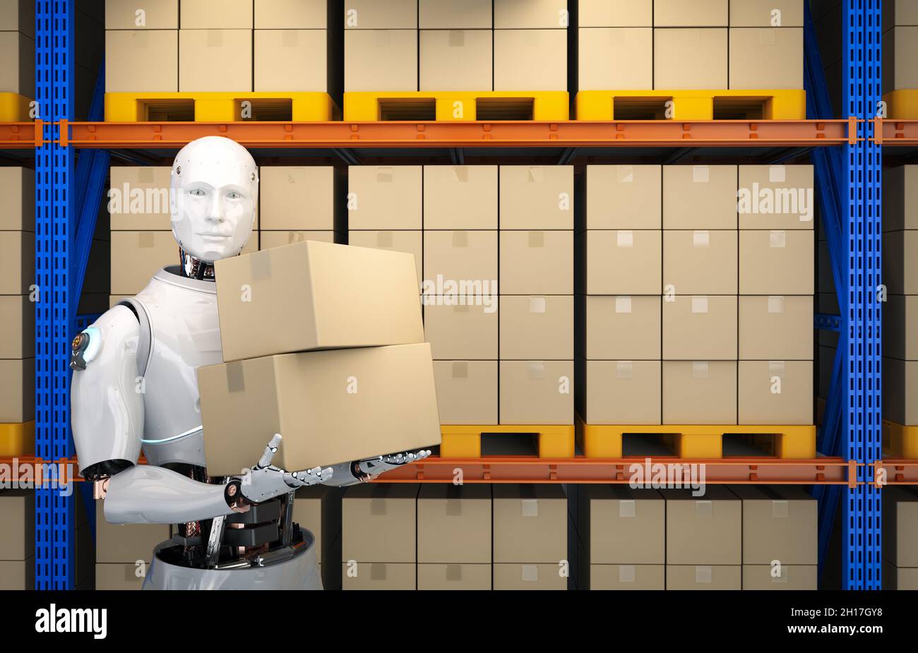 Automatic warehouse concept with 3d rendering automation robot work in ...