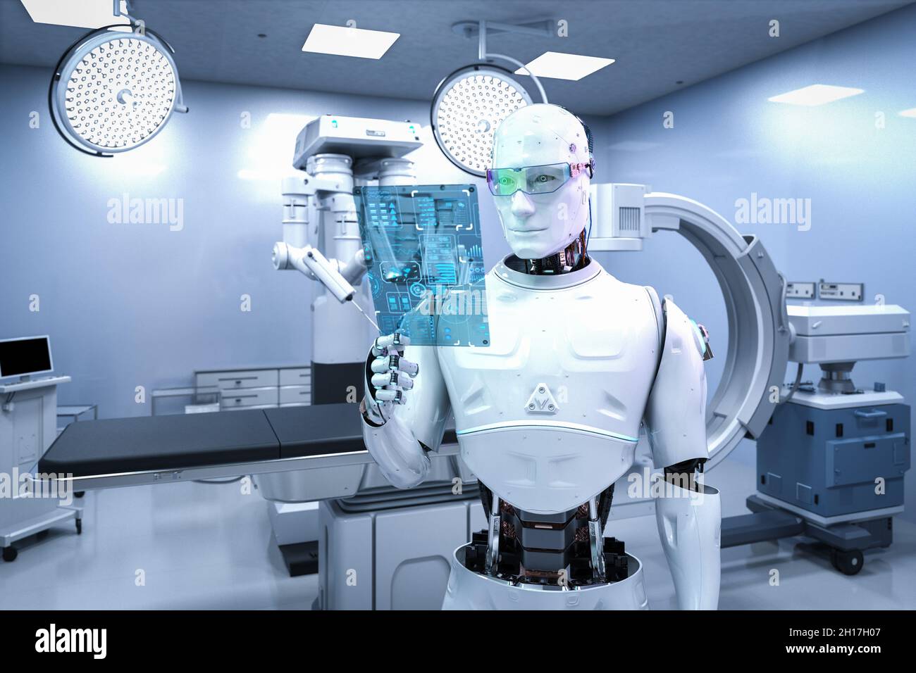Medical technology concept with 3d rendering cyborg diagnos with C-Arm ...