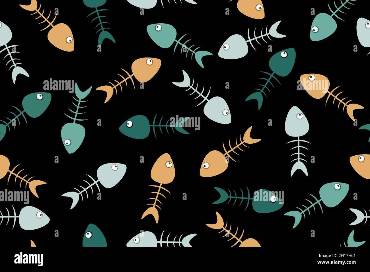 Multi colored seamless pattern with fish skeletons on black background ...