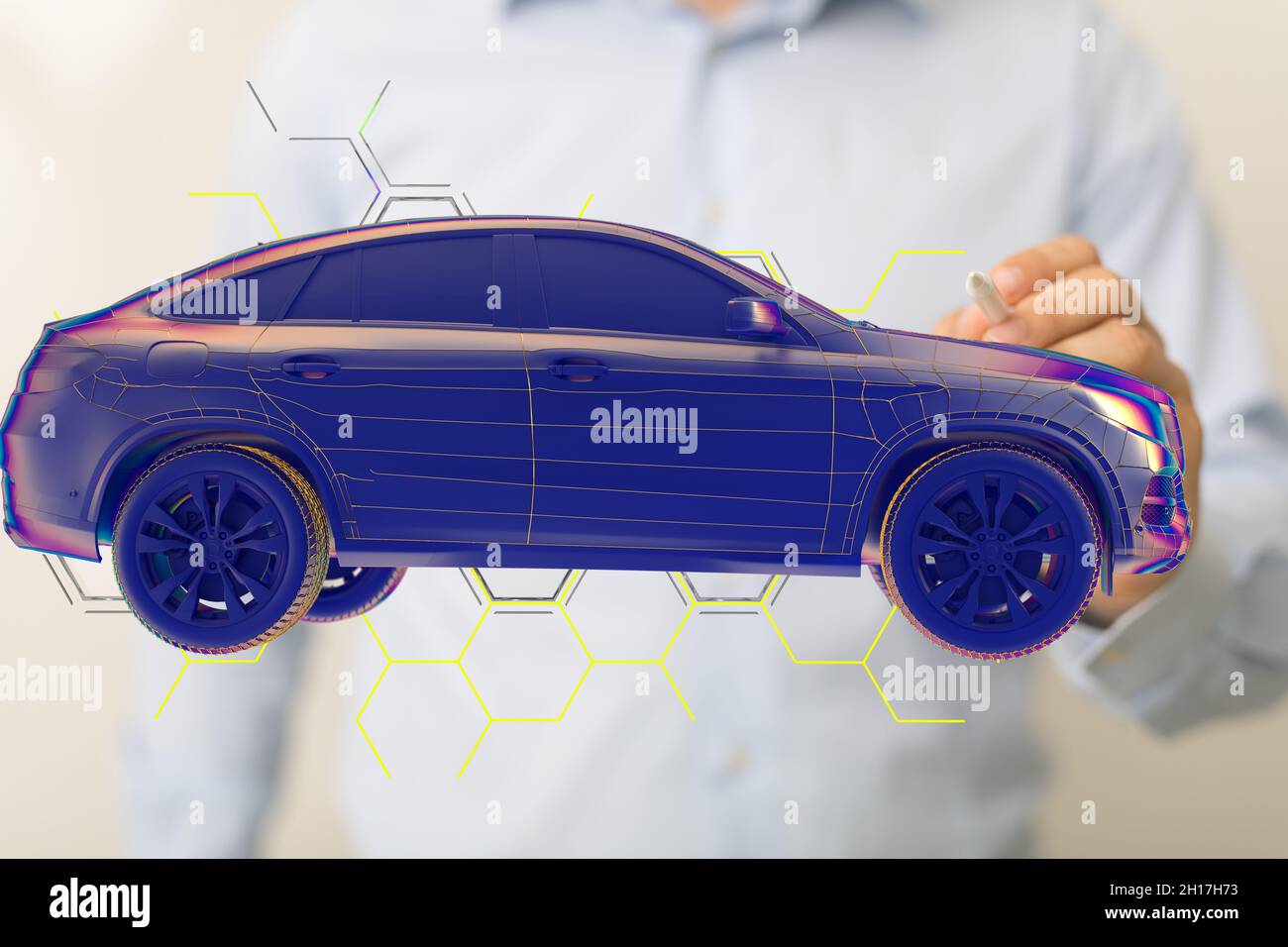 Close up of a man designing a 3D Hologram auto, futuristic polygonal ...