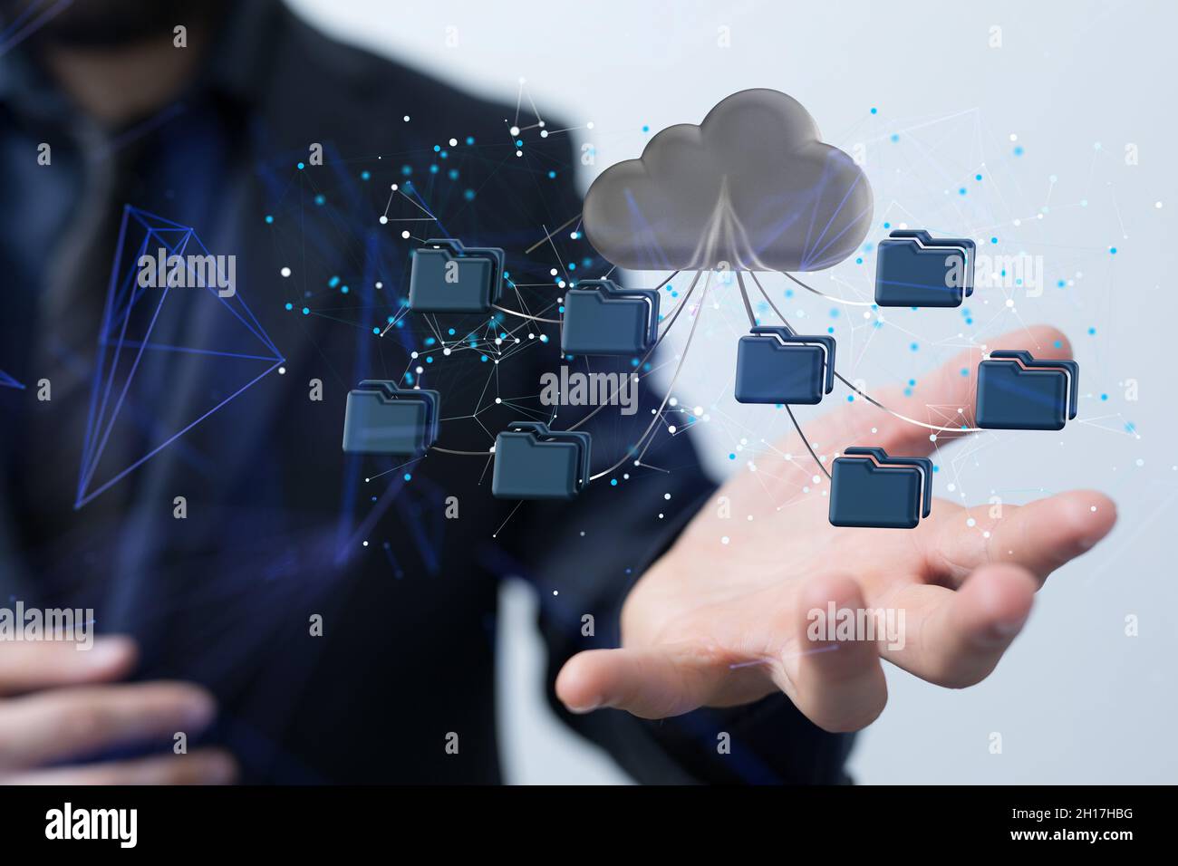 A 3D render of data cloud storage network over man's hand Stock Photo ...
