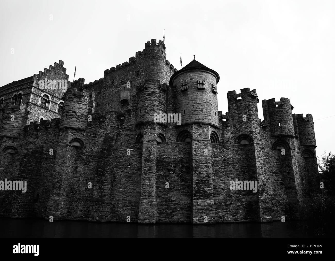 Black and white foto of medieval water castle gravensteen - Ghent ...