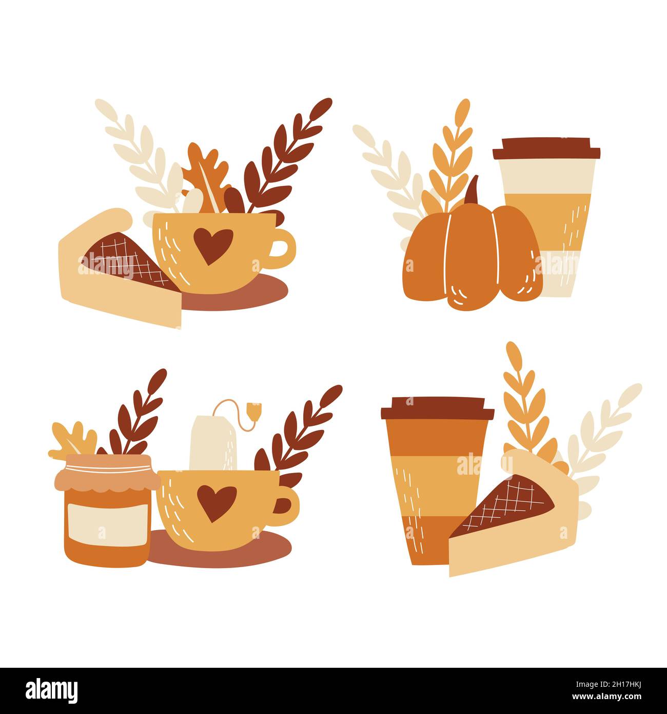 Set of autumn elements. Hot drinks, tea with jam, pumpkin latte, coffee ...