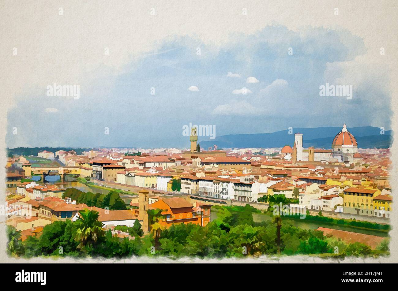 Watercolor drawing of Top aerial panoramic view of Florence city with ...