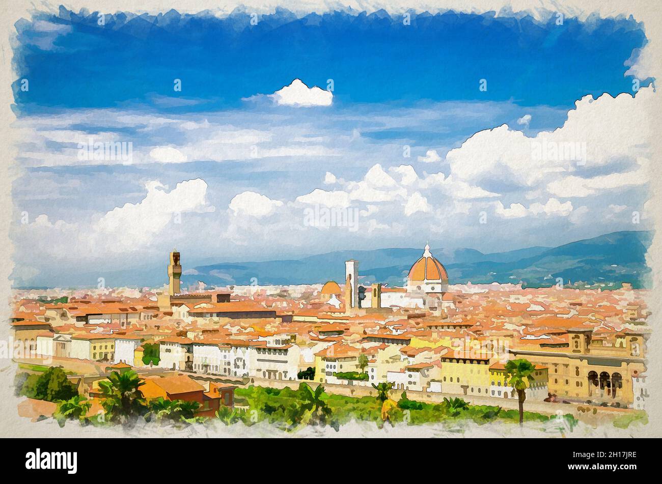 Watercolor drawing of Top aerial panoramic view of Florence city with ...