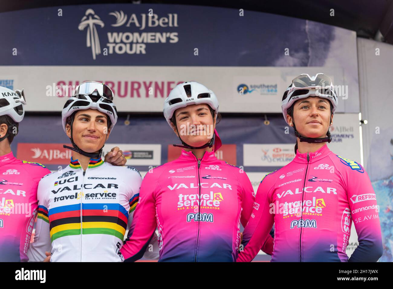 Elisa Balsamo, Elena Pirrone, Margaux Vigie of team Valcar preparing to ...