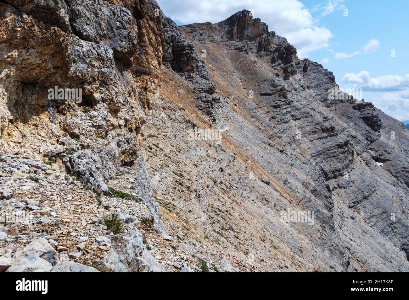 slope of the mountain with layers of sedimentary rocks. Vertically ...