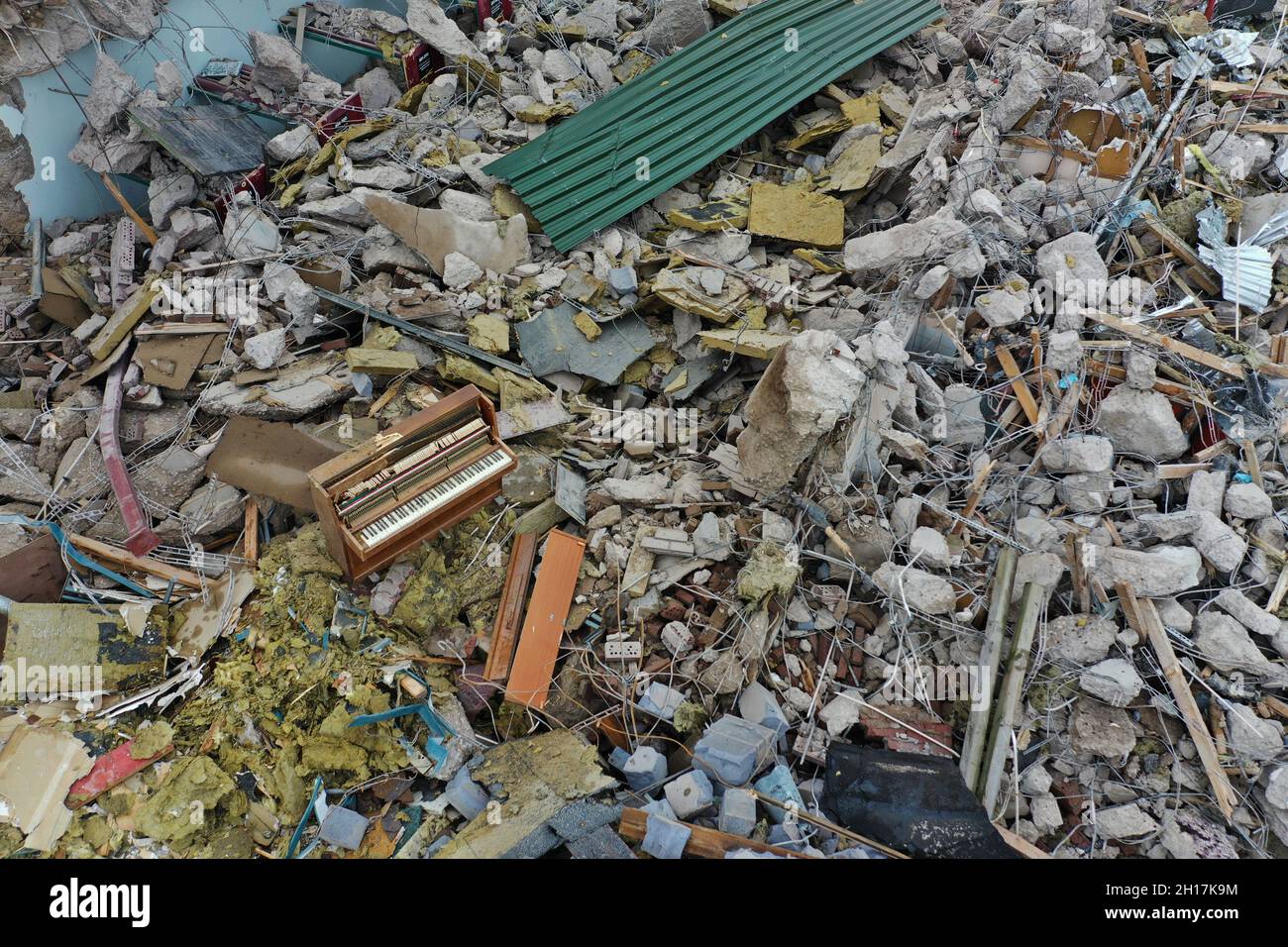 Aerial view of an abandoned piano in the demolition masses of Motala ...