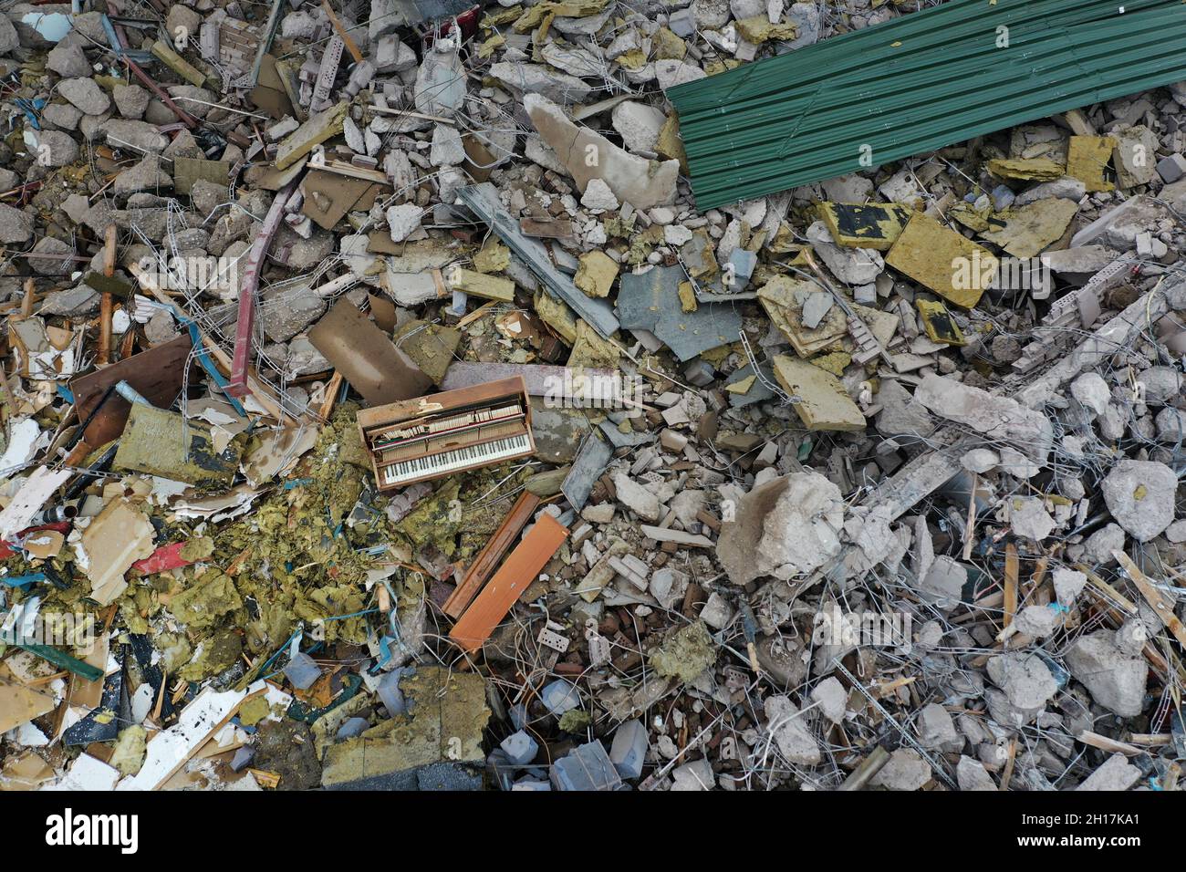 Aerial view of an abandoned piano in the demolition masses of Motala ...