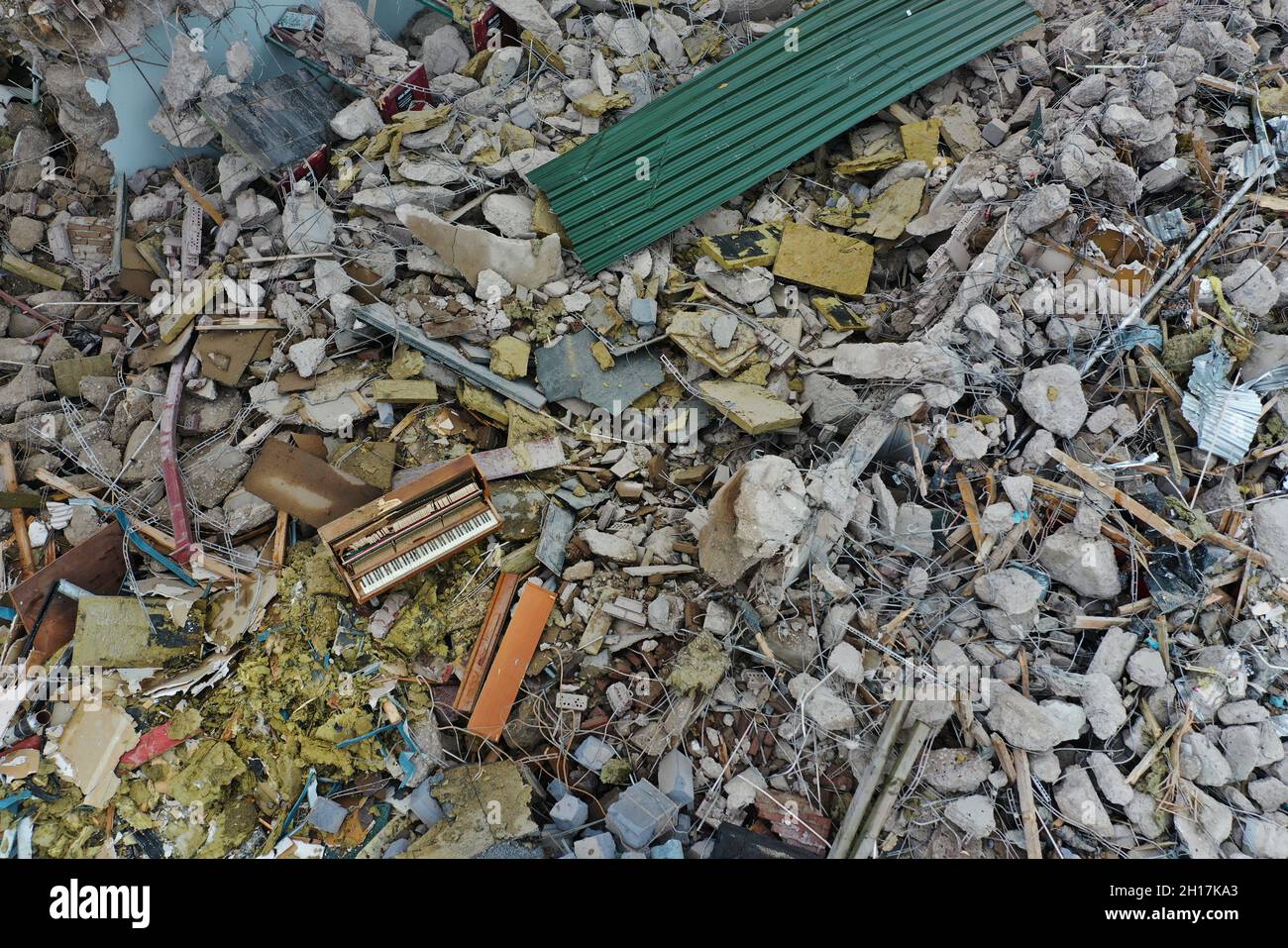 Aerial view of an abandoned piano in the demolition masses of Motala ...
