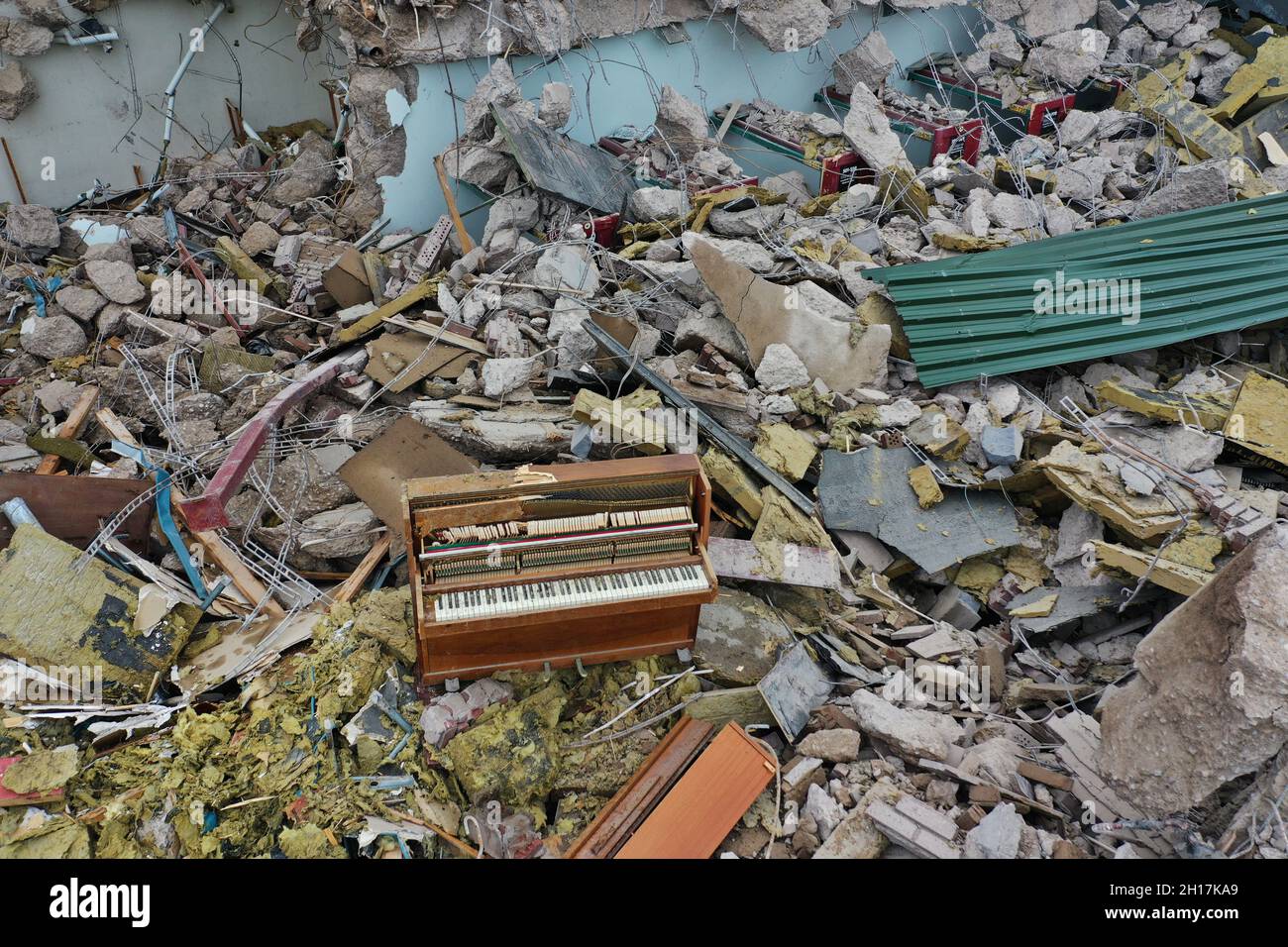 Aerial view of an abandoned piano in the demolition masses of Motala ...