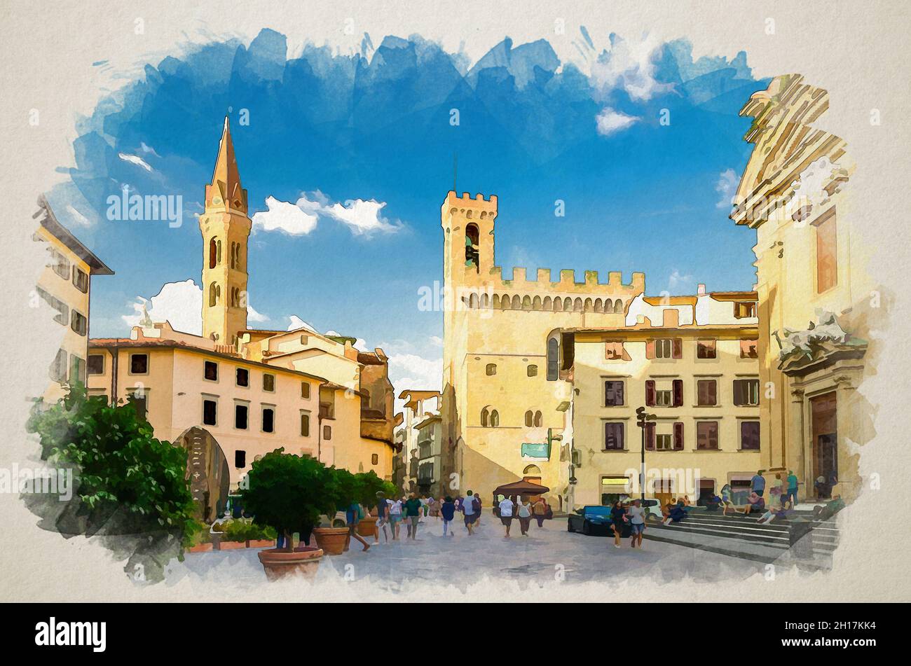 Watercolor drawing of Florence, Italy, September 15, 2018: Piazza di ...