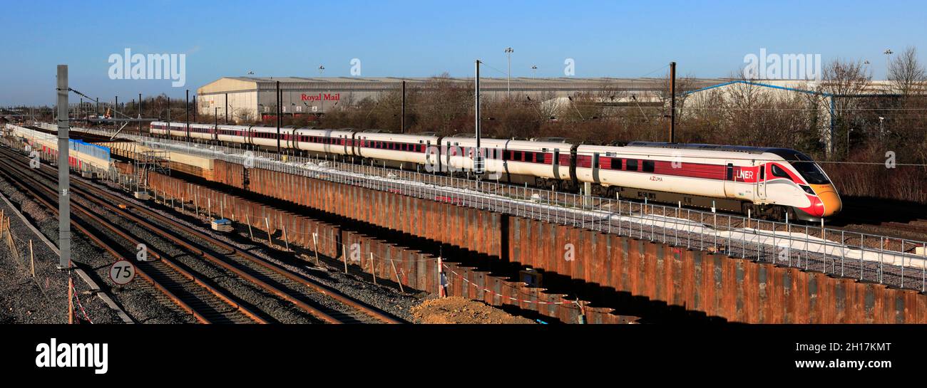 LNER Azuma Class 800 train, passing the Werrington Grade Separation ...