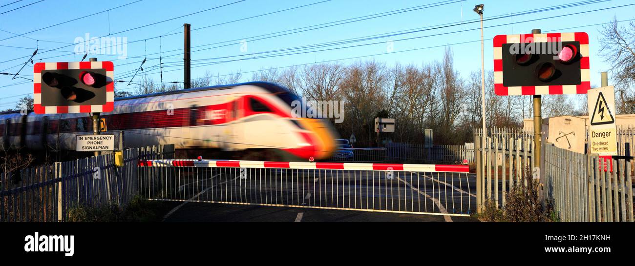 Azuma train passing Red lights at an unmanned Level crossing, East ...