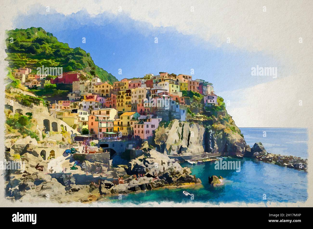 Watercolor drawing of Manarola traditional typical Italian village in ...