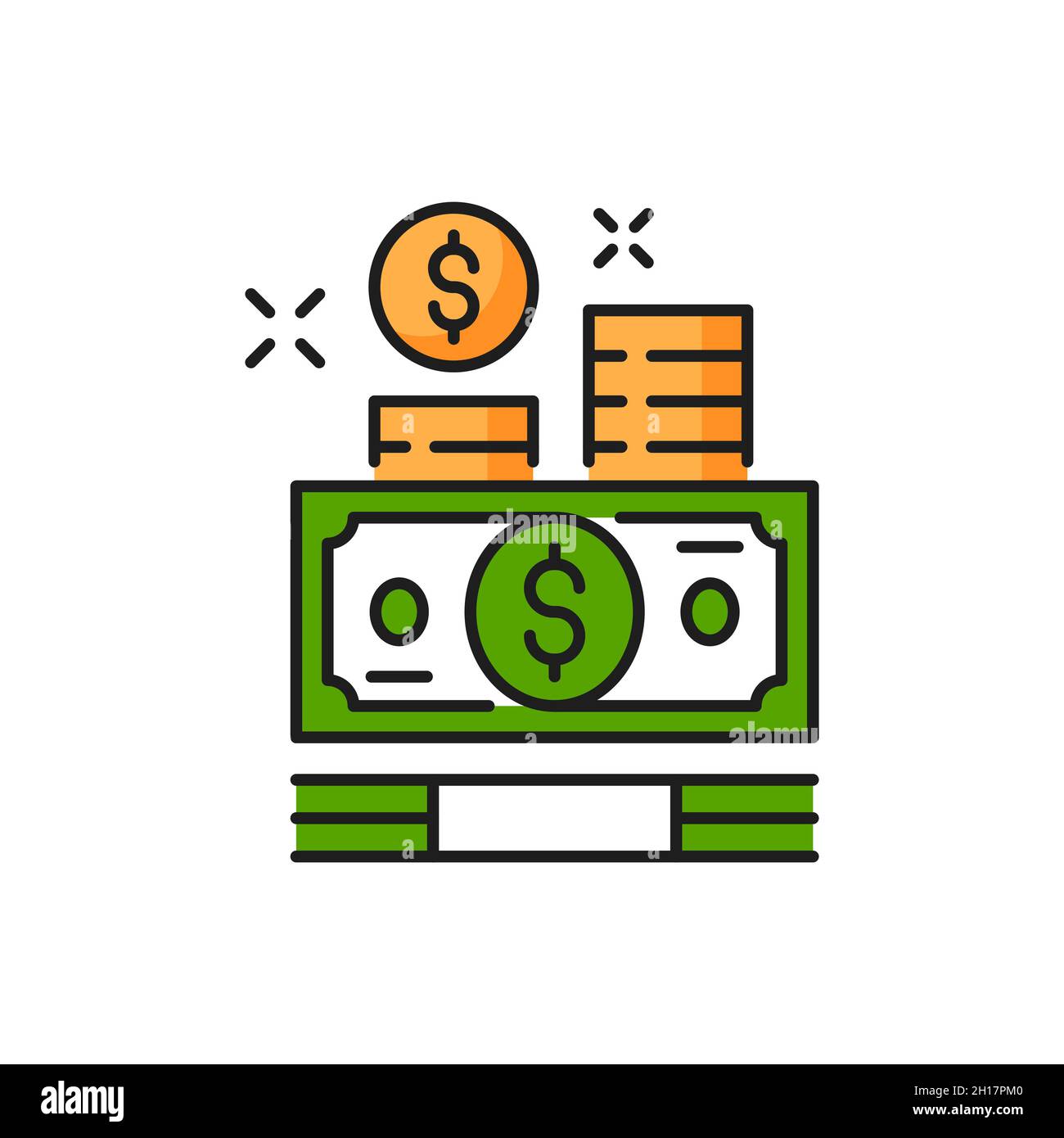 Money paper green bills and gold coins isolate flat line icon. Vector ...