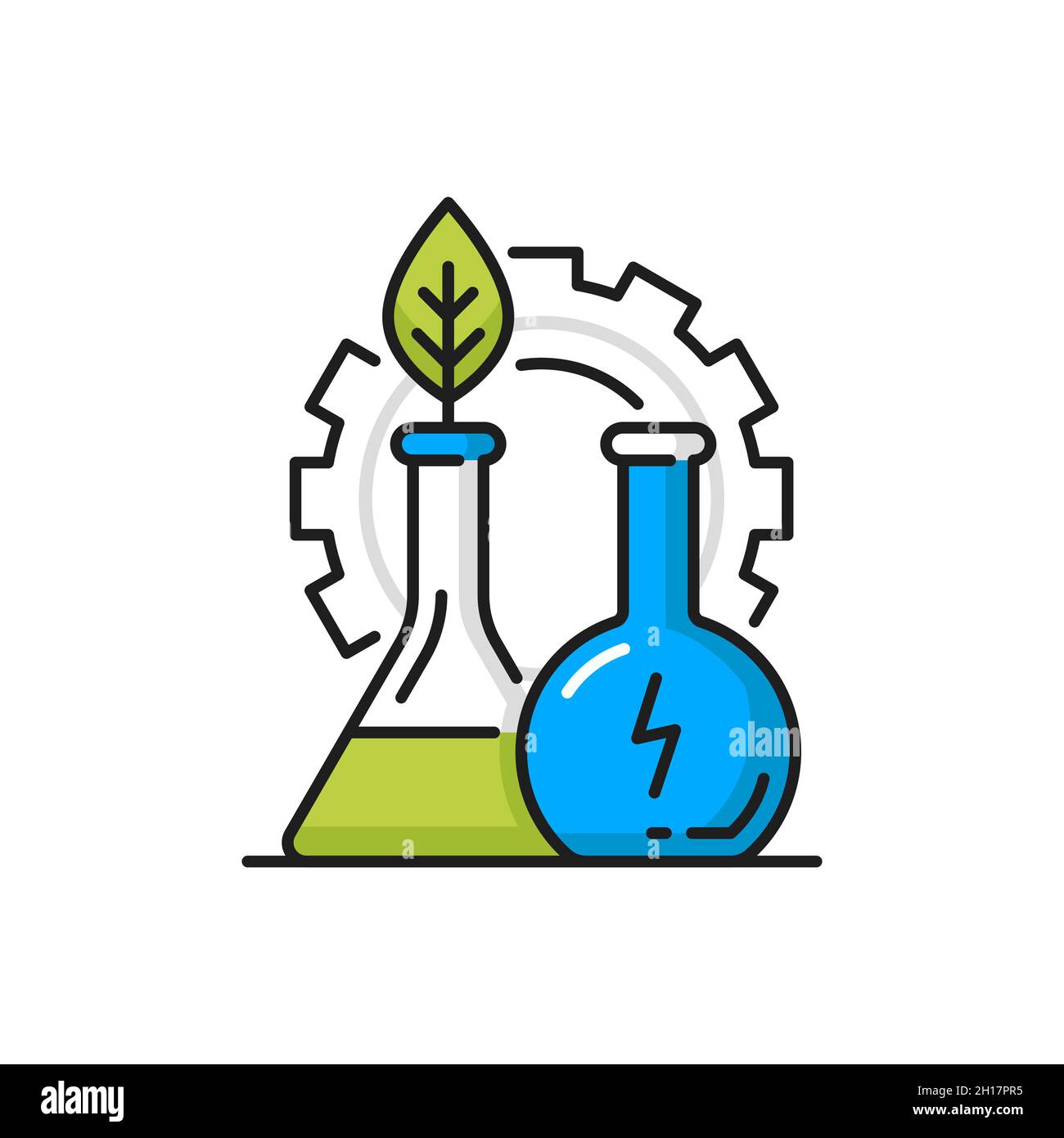 Environment and clean green energy line icon. Vector flask with biomass ...