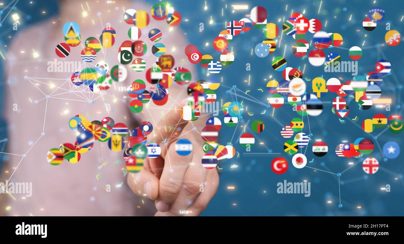 A 3D rendering of the world's national flags on a blurry background ...