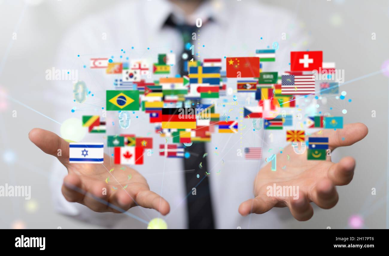 A 3D rendering of the world's national flags on a blurry background ...