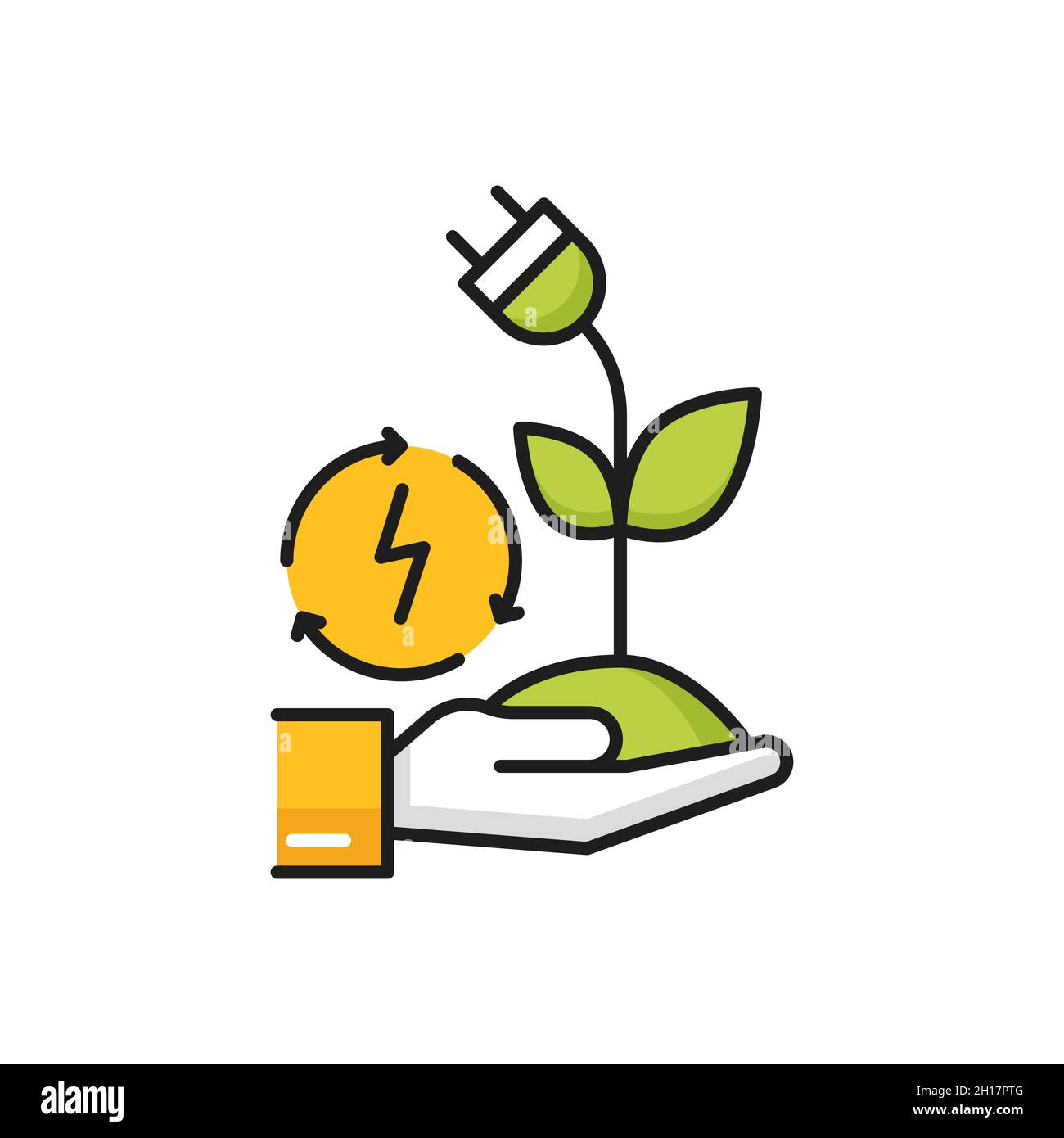 Plug grow in soil in human hand, eco environment isolated color line ...