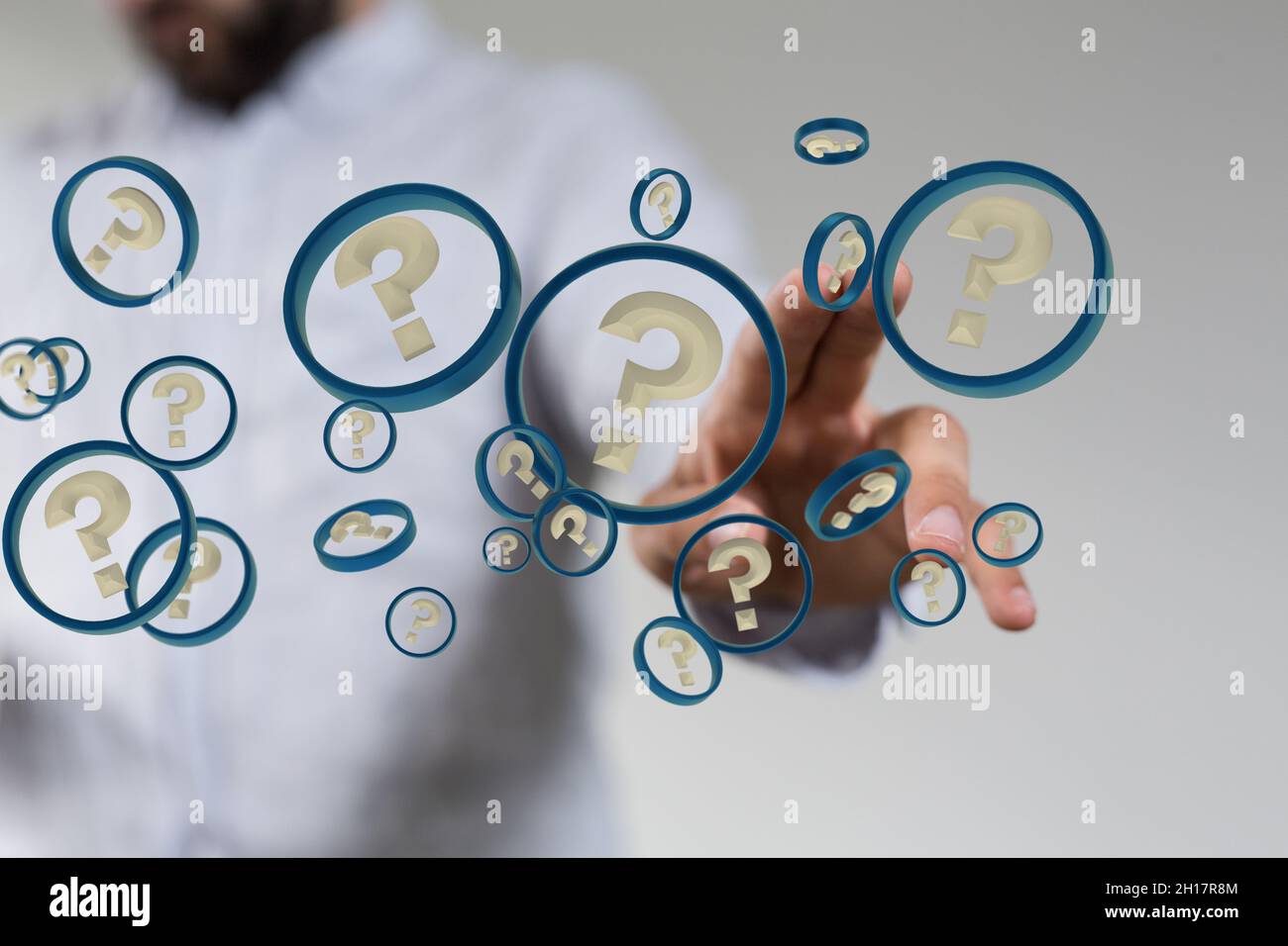 A 3D rendering of a Businessman solving a problem with digital question marks Stock Photo - Alamy