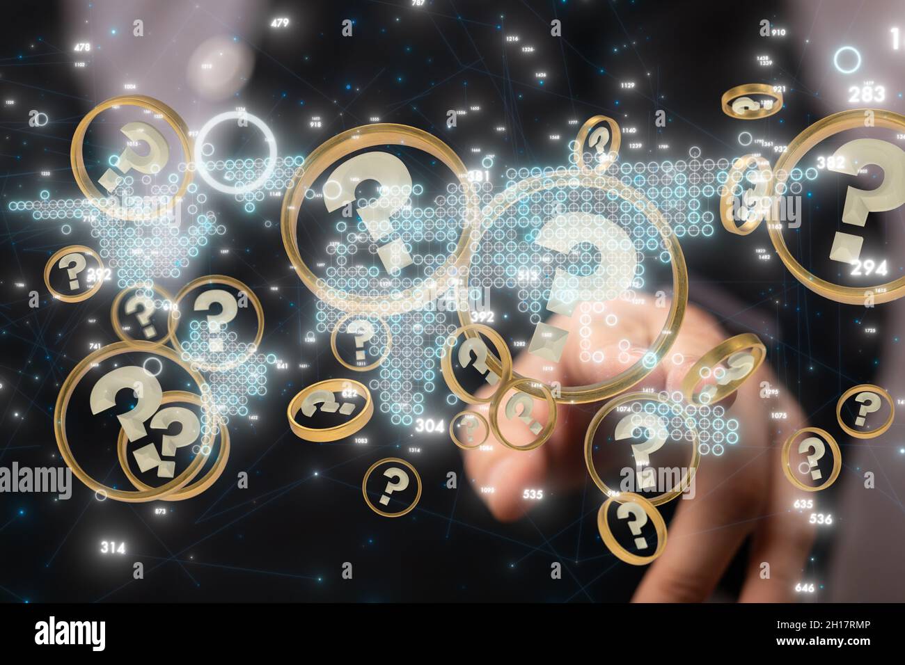 A 3D rendering of a Businessman solving a problem with digital question ...