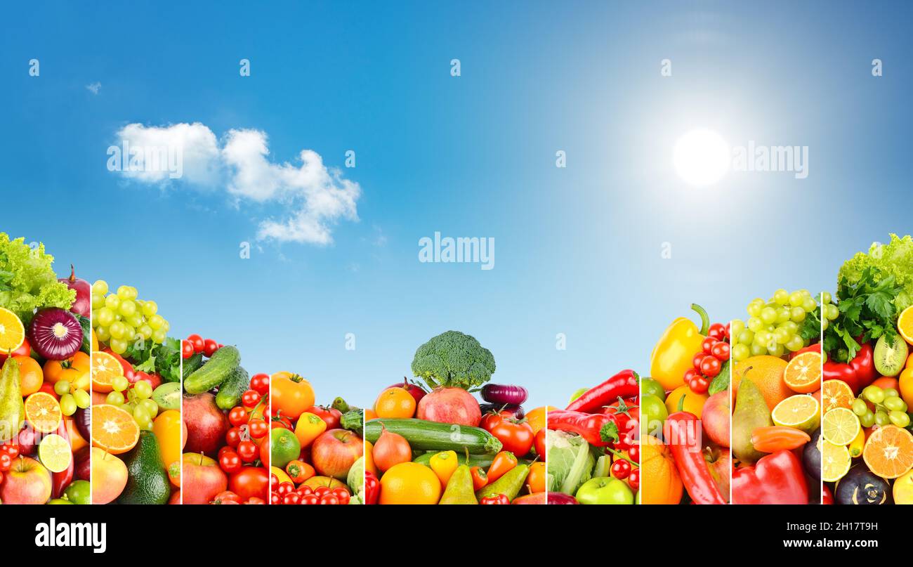 Panoramic photo of different fruits and vegetables on background of ...