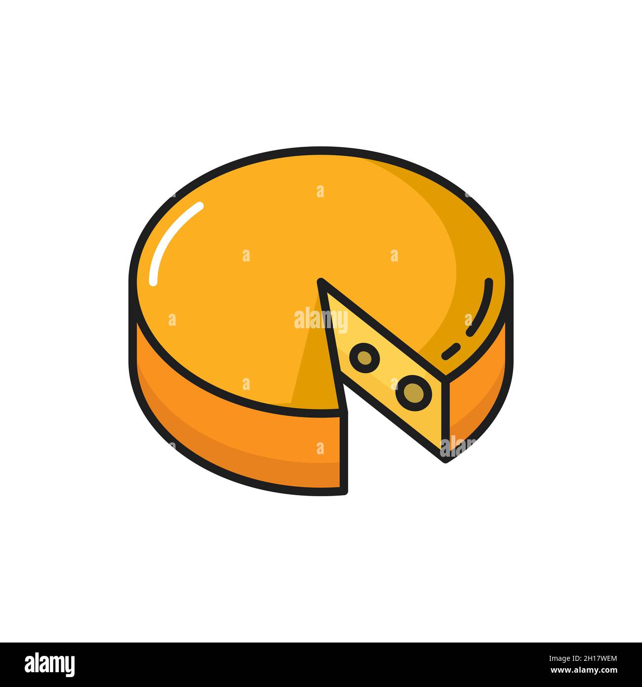 Round Swiss cheese wheel with cut triangle isolated dairy food flat ...