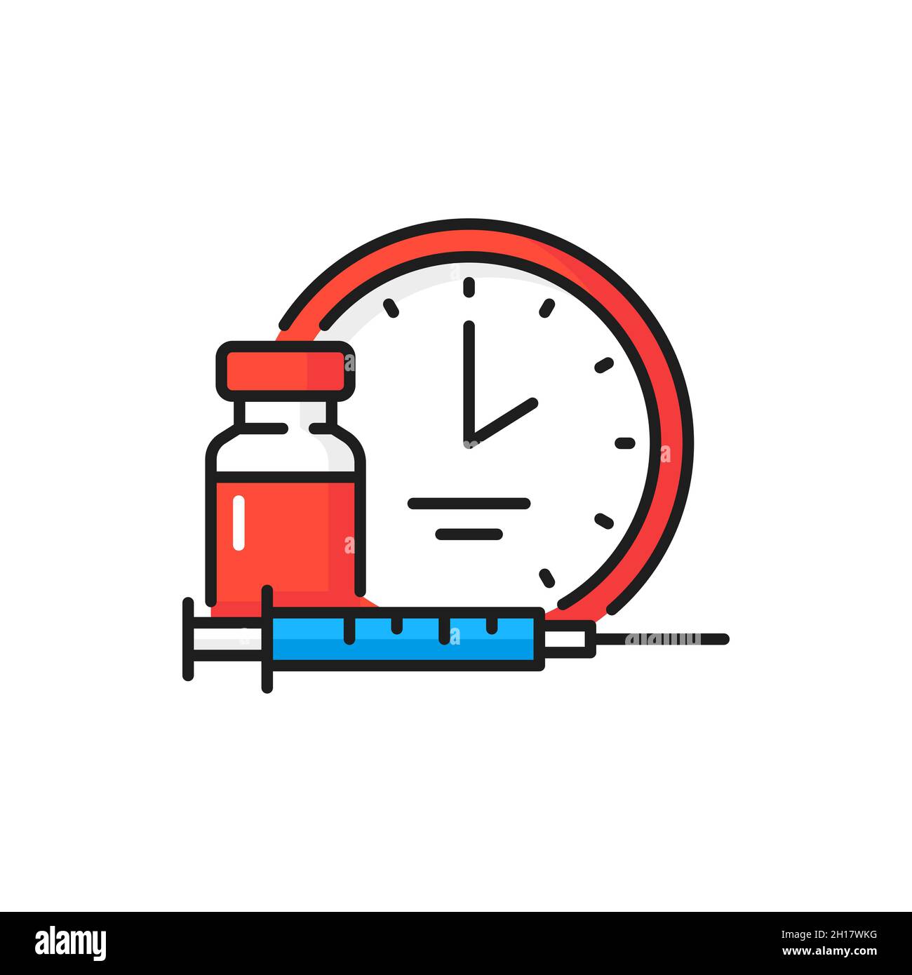Time to vaccinate, bottle injection, coronavirus isolated color line ...