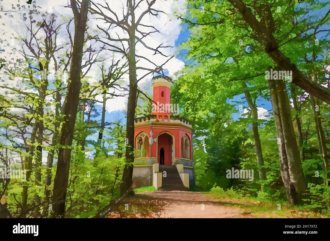 Watercolor drawing of Charles IV lookout tower neo-gothic brick ...