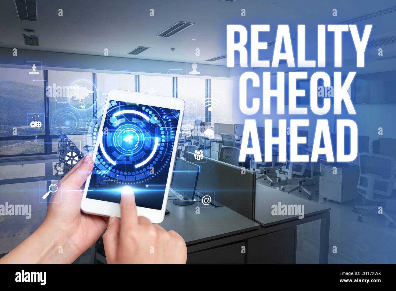 Conceptual display Reality Check Ahead. Business showcase makes them ...