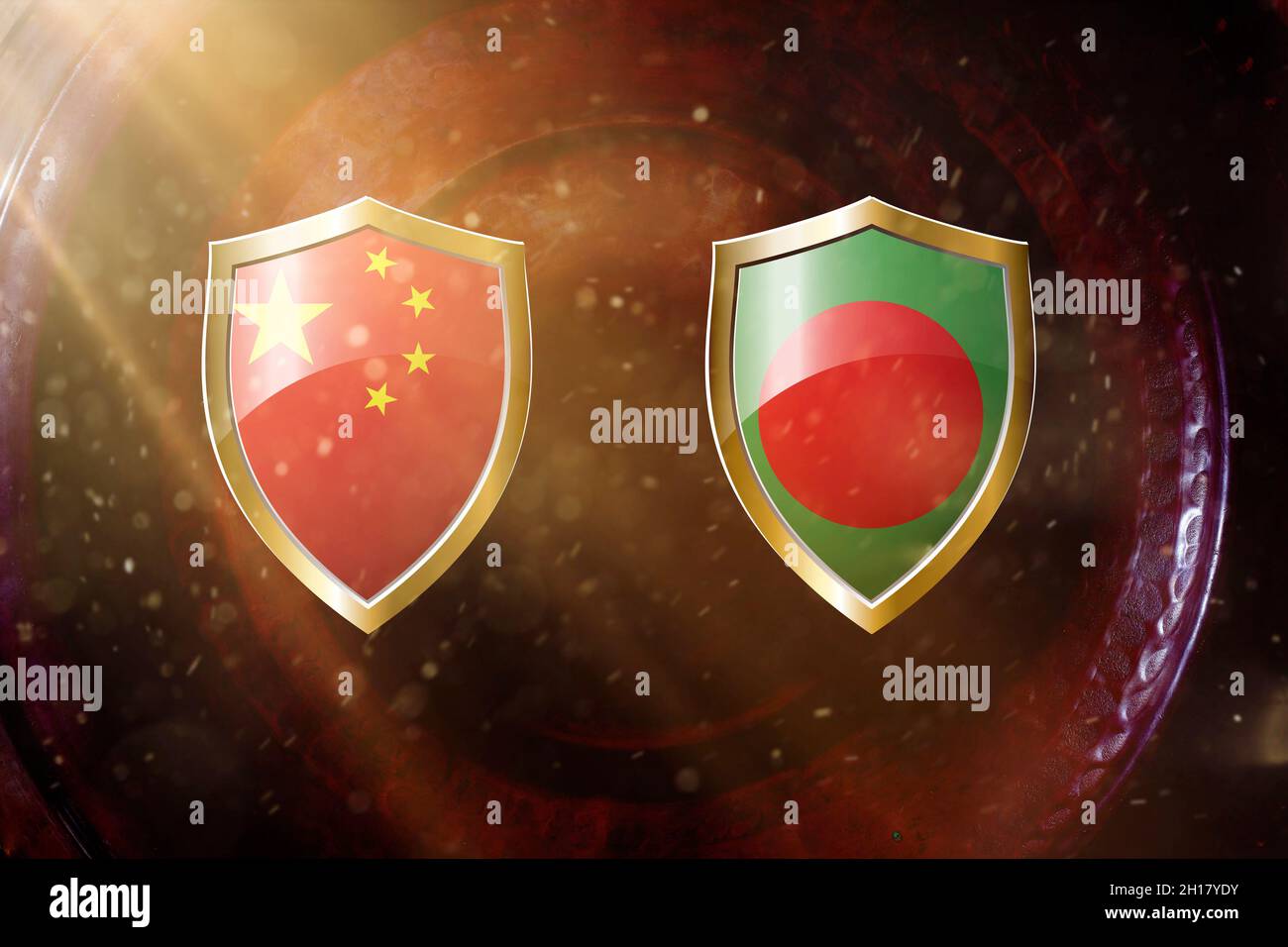 china and bangladesh flag in golden shield on copper texture background ...