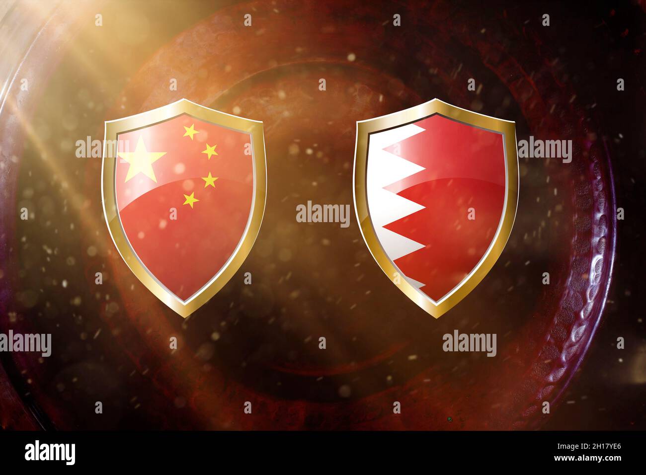 china and bahrain flag in golden shield on copper texture background ...