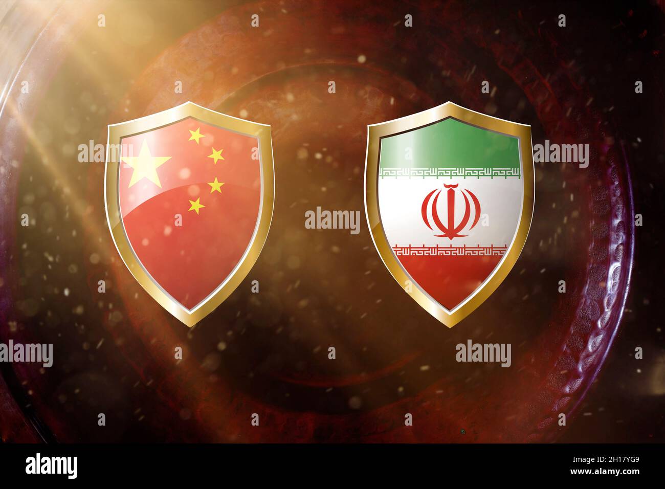 china and iran flag in golden shield on copper texture background Stock ...