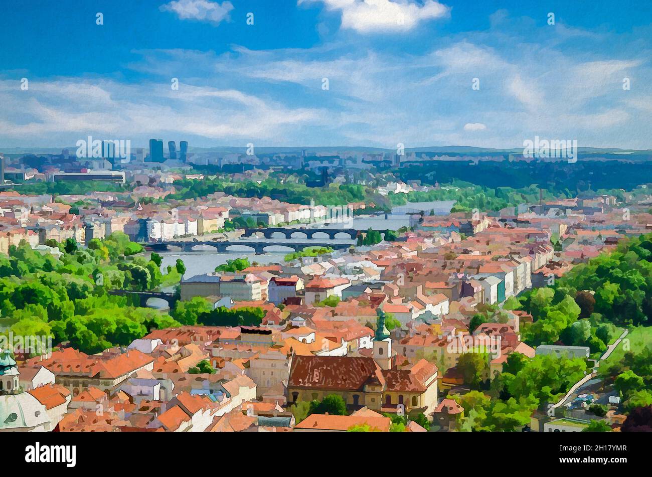 Watercolor drawing of Top aerial panoramic view of Prague historical ...