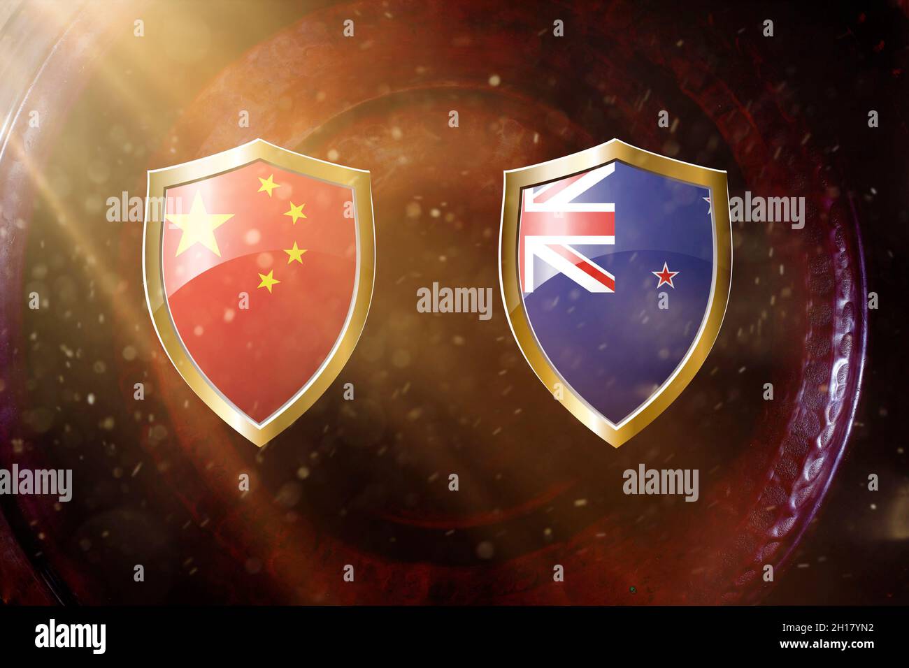china and new zealand flag in golden shield on copper texture ...