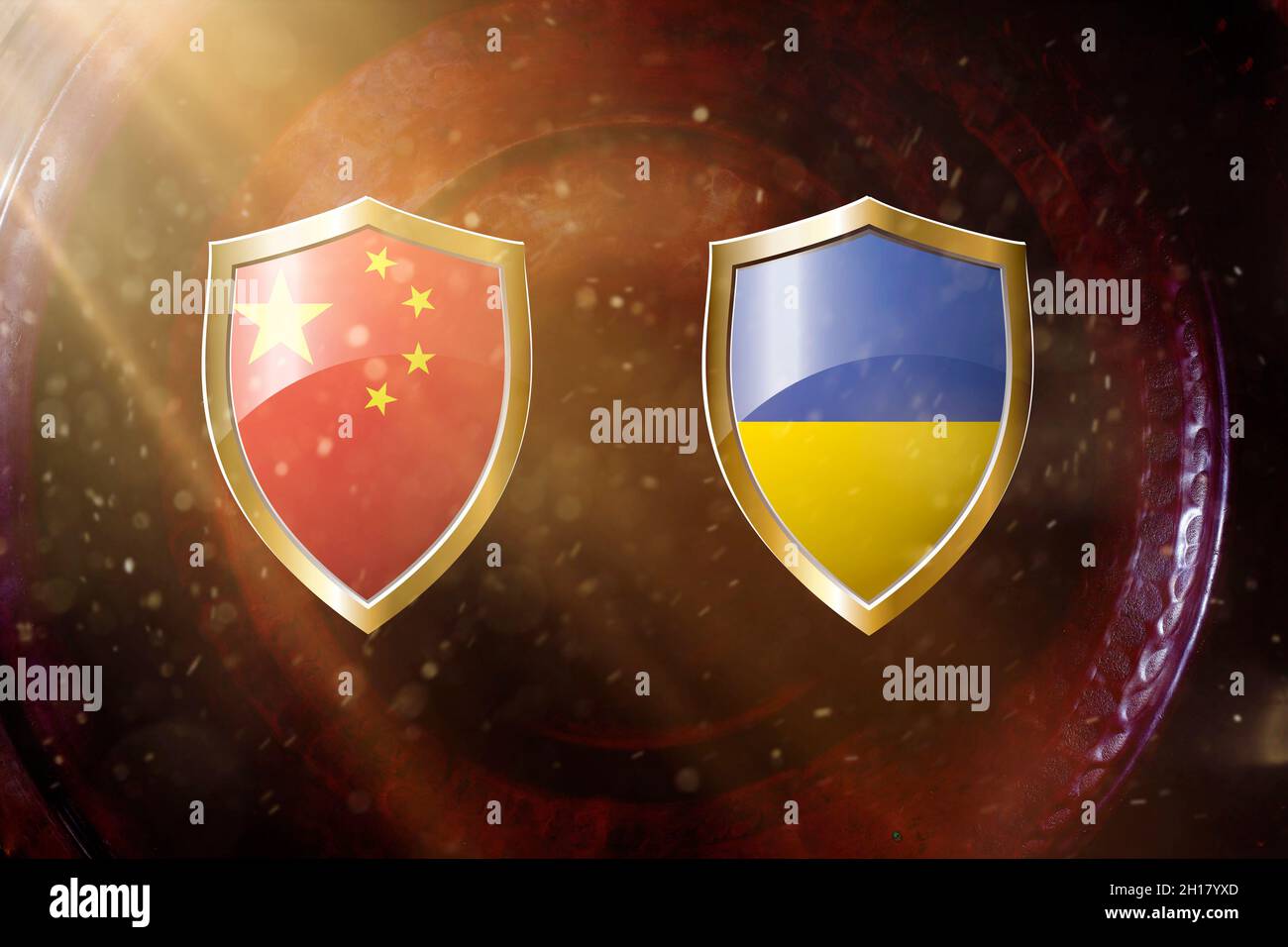 china and ukraine flag in golden shield on copper texture background ...