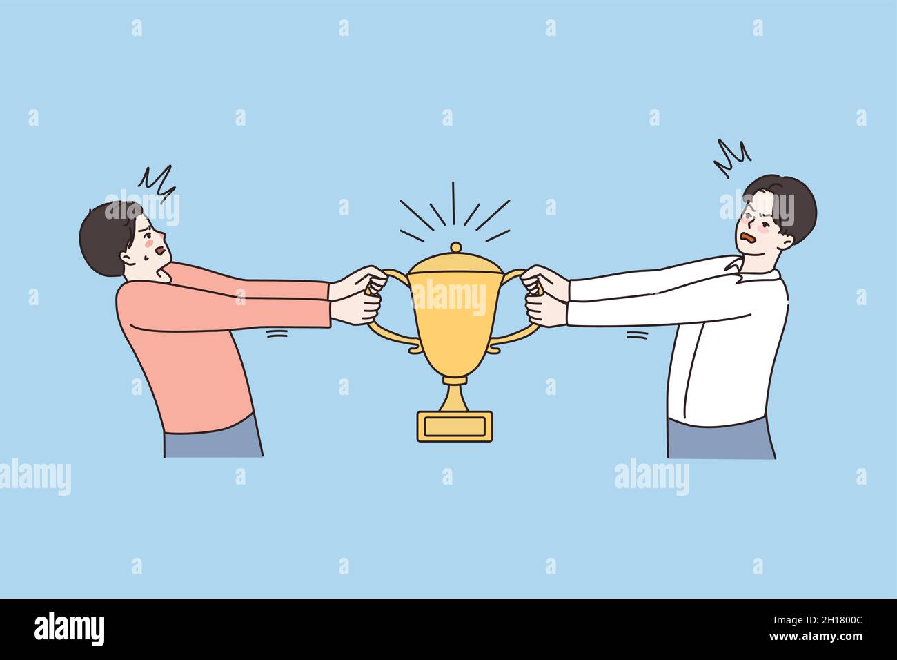 Stubborn selfish businessmen fight for golden cup trophy. Angry envious ...