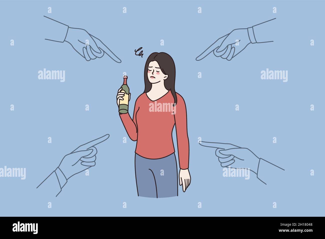 People point at drunk woman holding bottle in hand. Society blaming ...