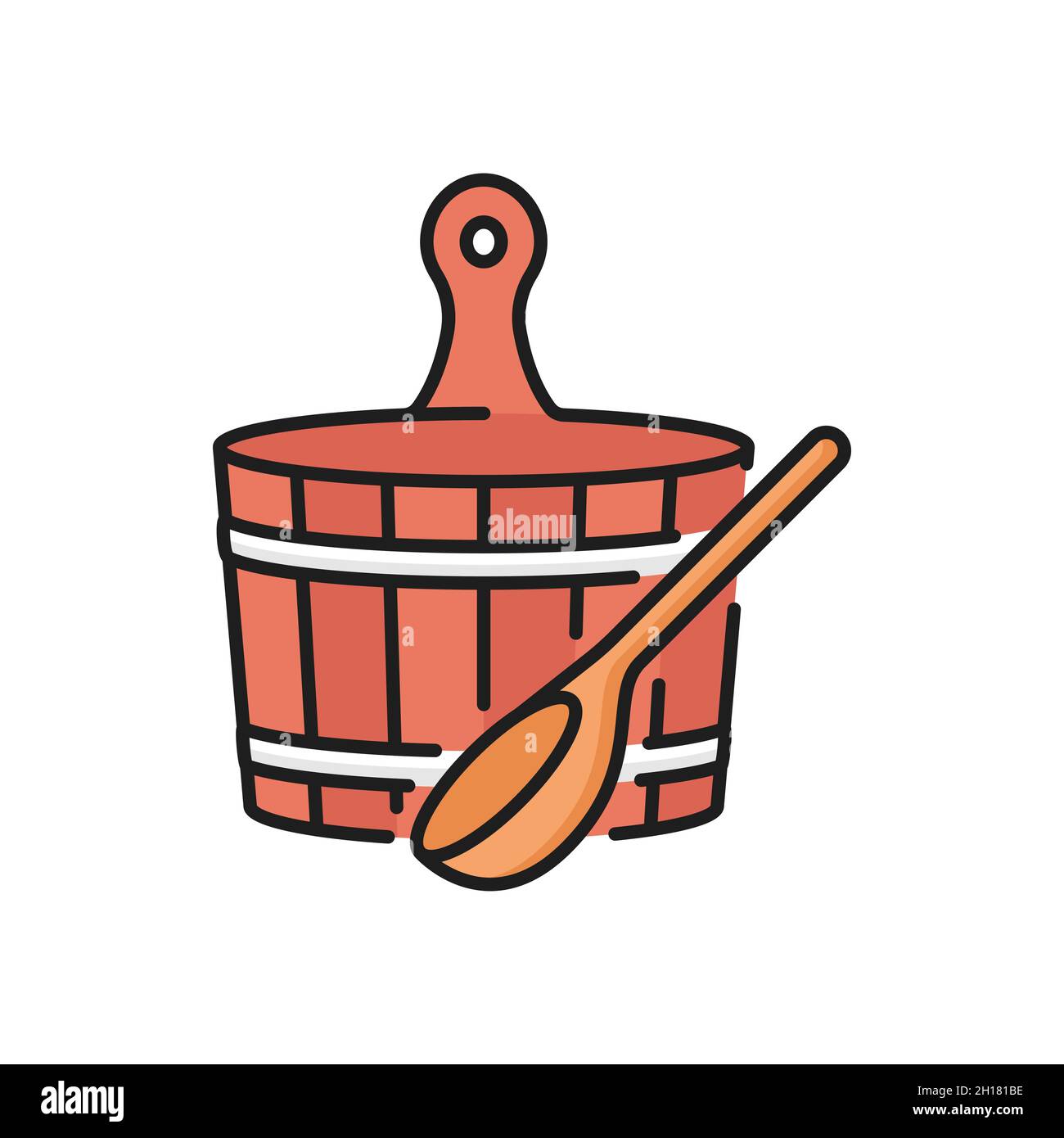 Wooden bucket and ladle, sauna bathing equipment isolated color icon ...