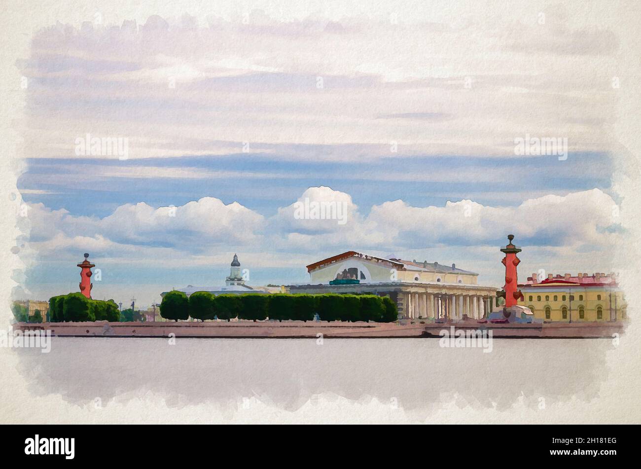 Watercolor drawing of Cityscape of Saint Petersburg Leningrad city with ...