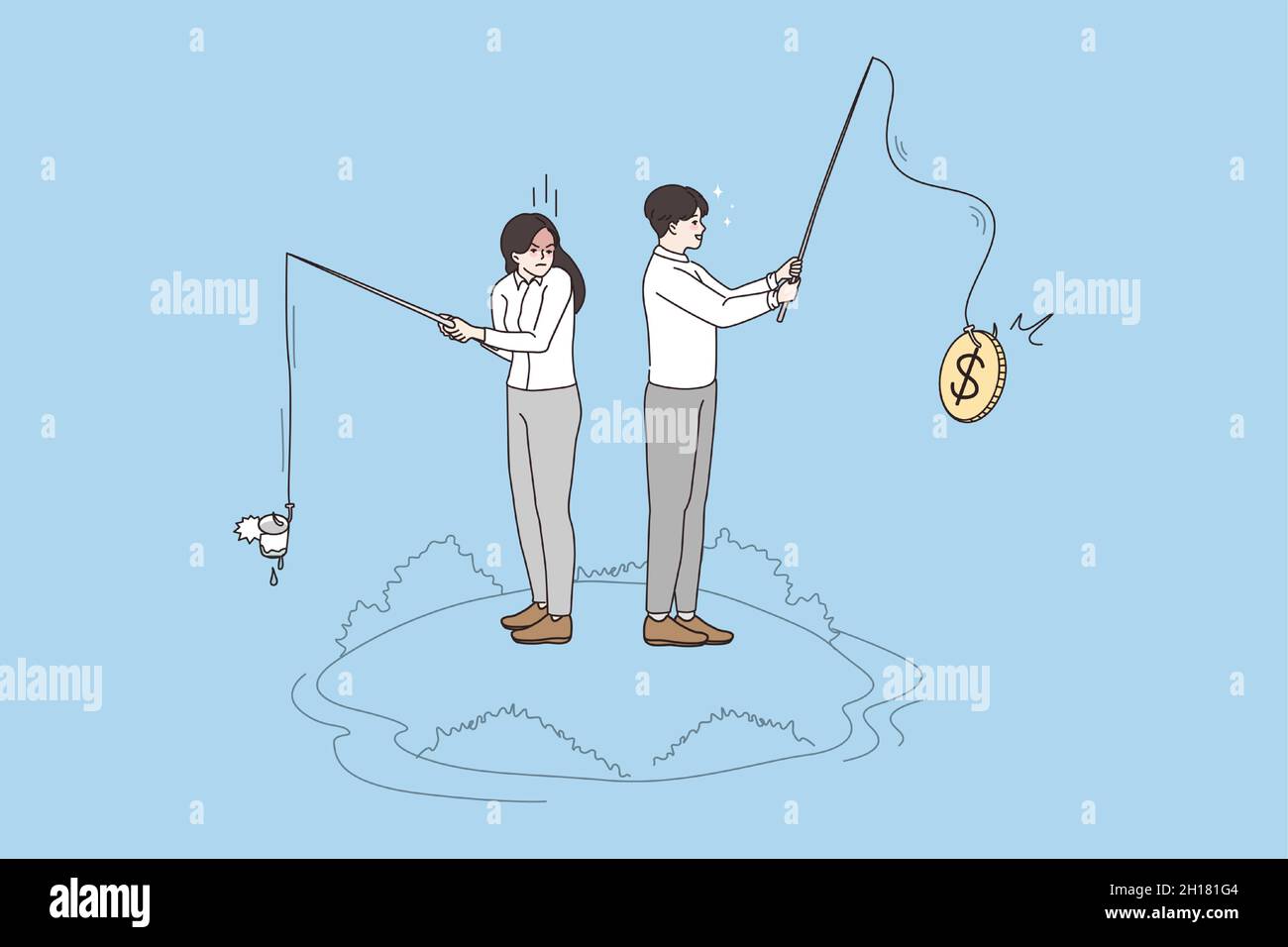 Businesspeople rivals with rod fishing for money revenue or income. Man ...