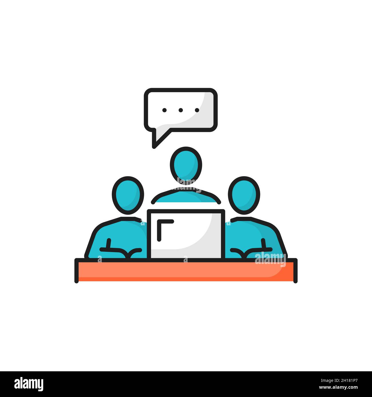 Team working together on computer, chat bubble isolated color line icon ...